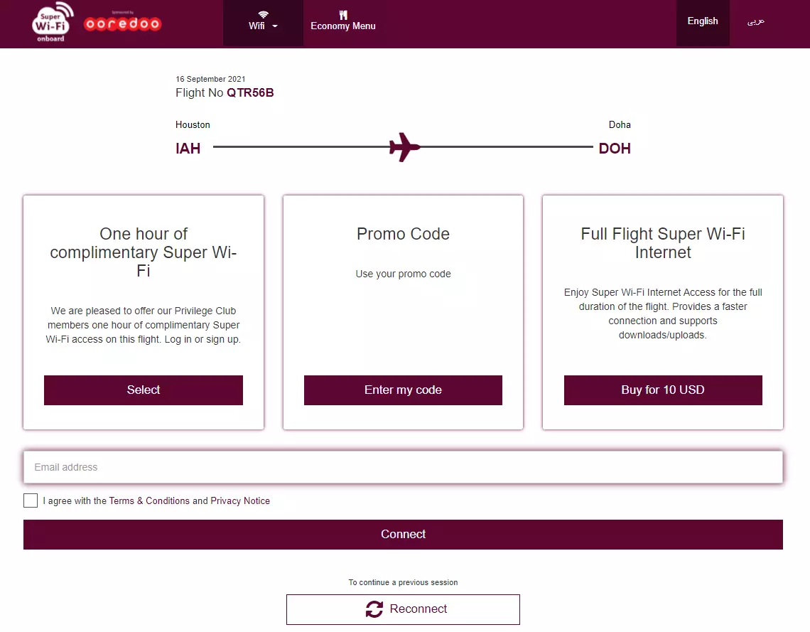 Bumili ng wifi page ng Qatar onboard