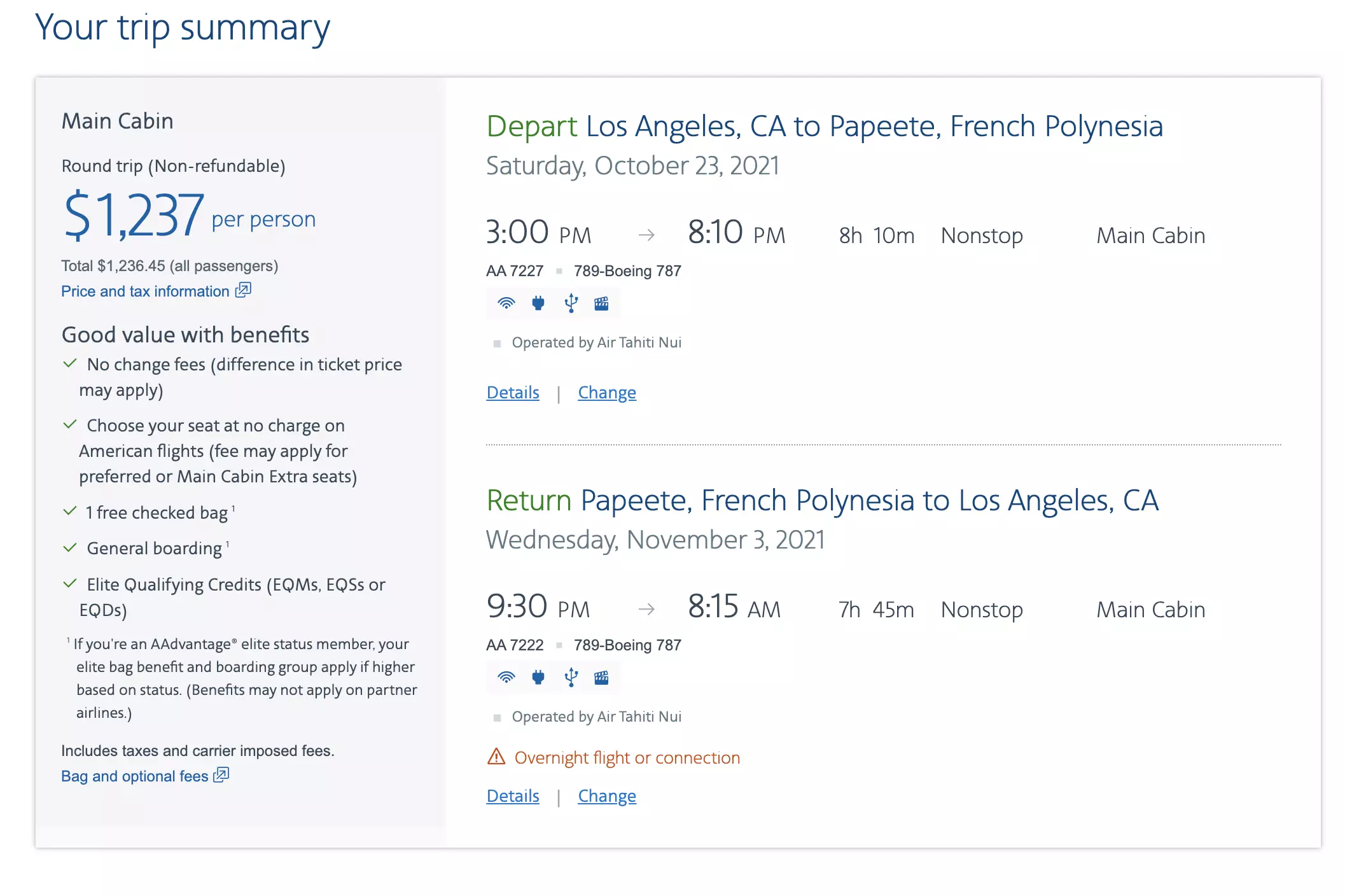 Kudin tafiya akan AA.com don jigilar tafiya LAX zuwa PPT. (Hoton hoto na American Airlines)