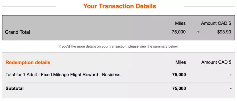 Každá jednosmerná letenka stála 75 000 míľ prenesených z Amex Membership Rewards do Aeroplan.