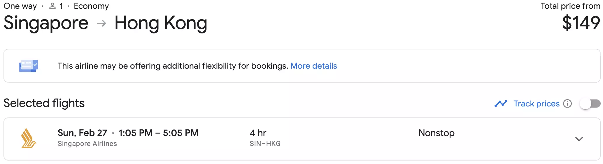 SIN til HKG billet på Singapore Airlines