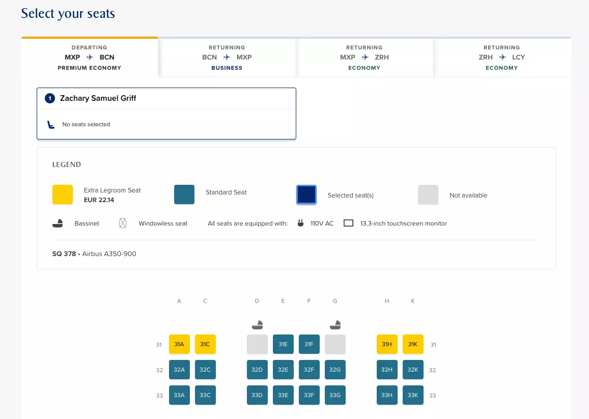 Vergleich von Business und Premium Economy von Singapore Airlines auf derselben 448-Meilen-Strecke 119_16