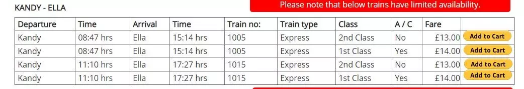 Inpormasi sareng waktos karéta anu disayogikeun dina situs wéb wisata Sri Lanka.