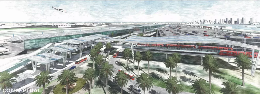 Unha representación conceptual dunha posible nova estación de tránsito no aeroporto de San Diego. (Imaxe do aeroporto internacional de San Diego)