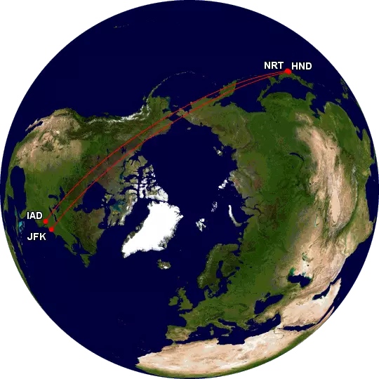 Mepu inoratidza ndege dzinoenda kuTokyo kubva kuU.S. East Coast