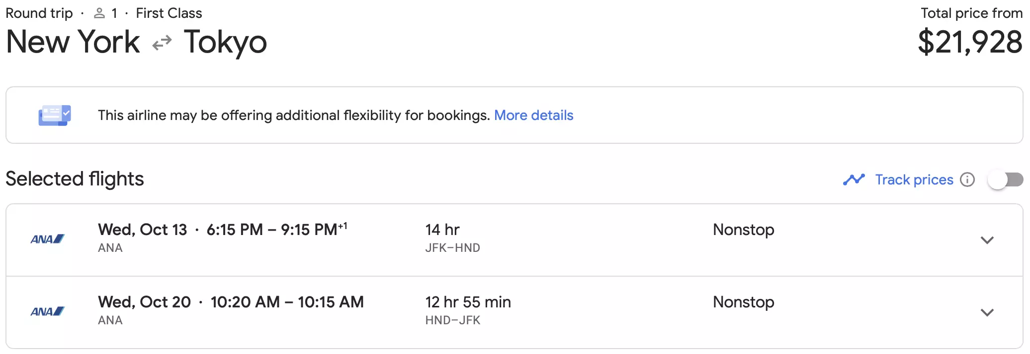 ANA fyrsta flokks JFK til HND miði fram og til baka á Google Flights