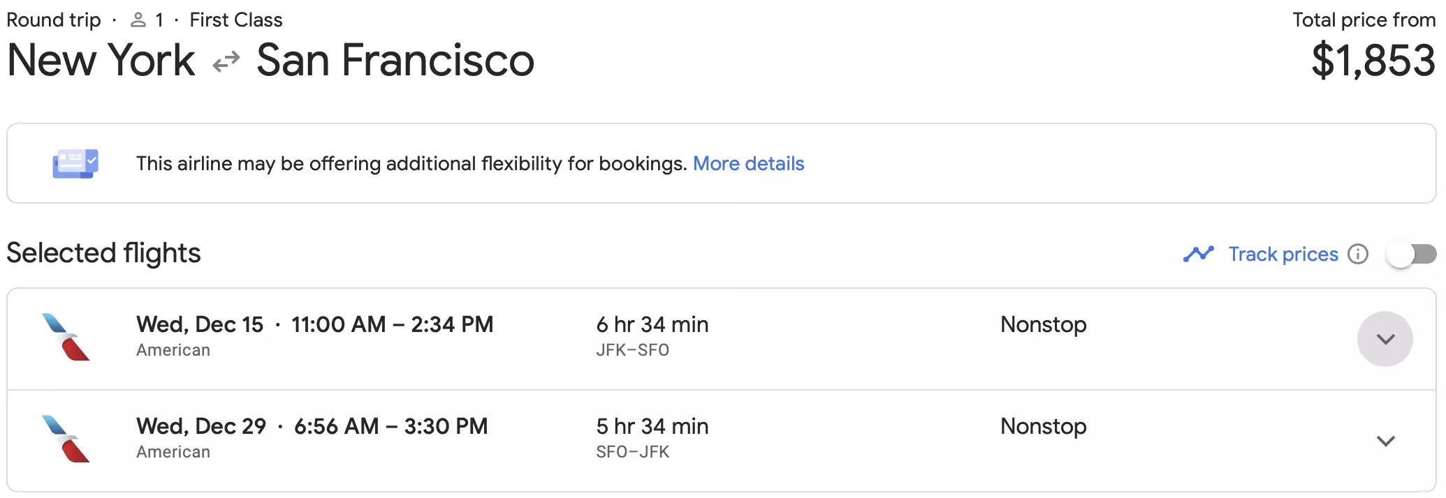 Bandarískt flaggskip fyrsta JFK til SFO Google Flights verðlagningu