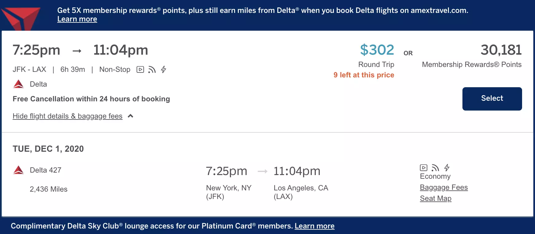 Buchung eines Delta-Fluges bei Amex Travel