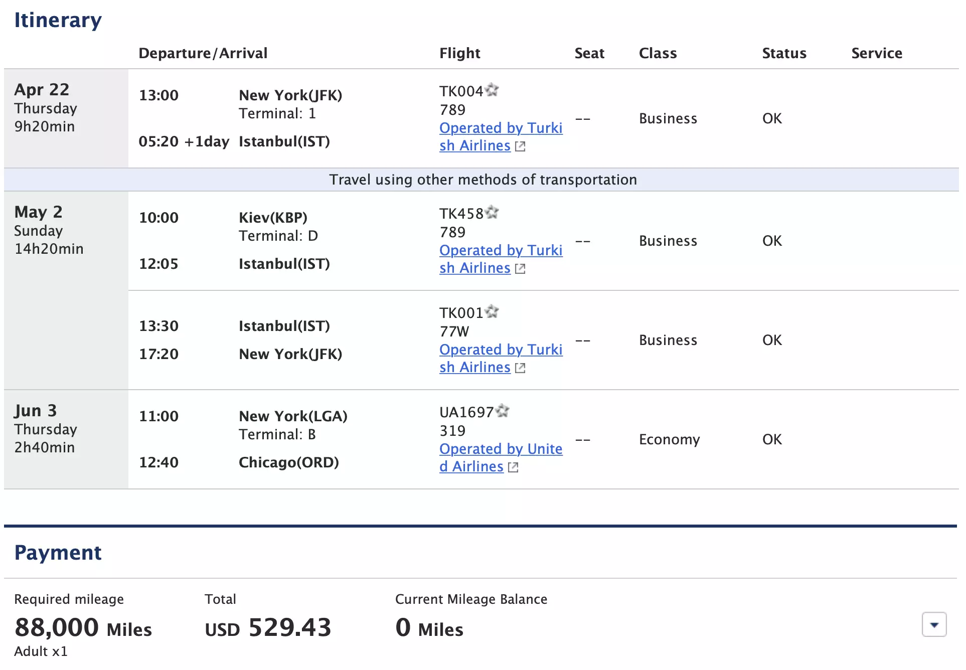 ANA-Route JFK nach IST KBP nach JFK LGA nach ORD