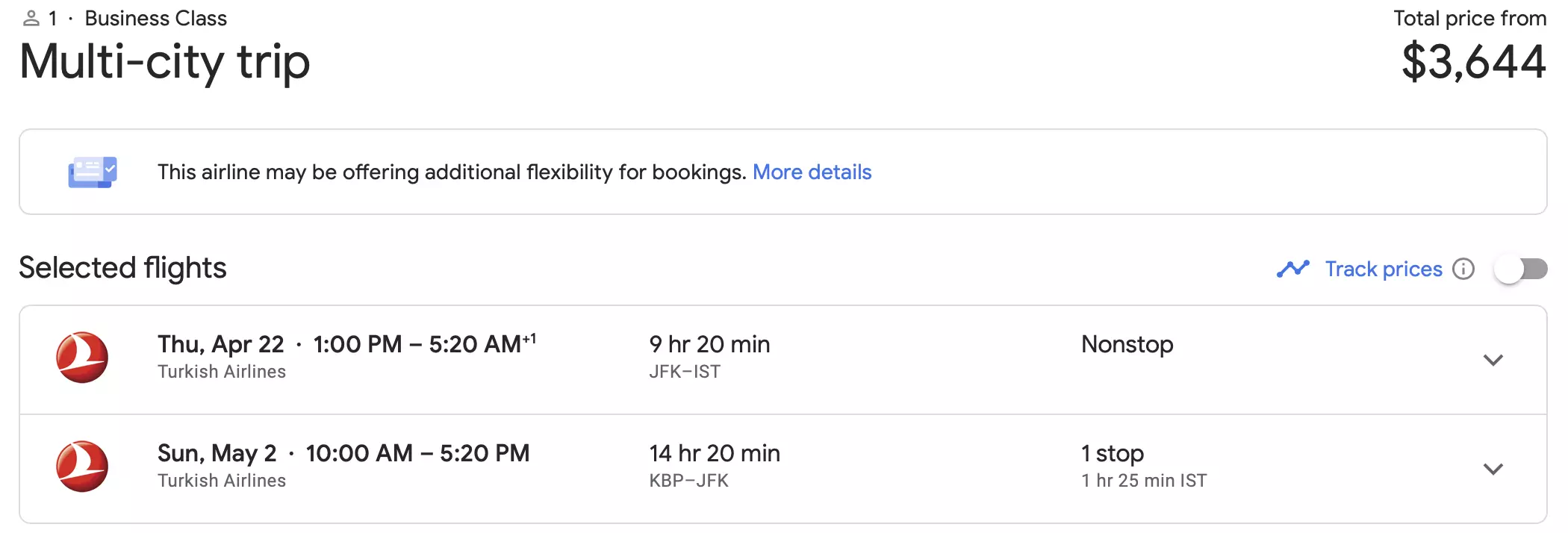 JFK na IST en KBP Google Flights Booking met Turkish Airlines