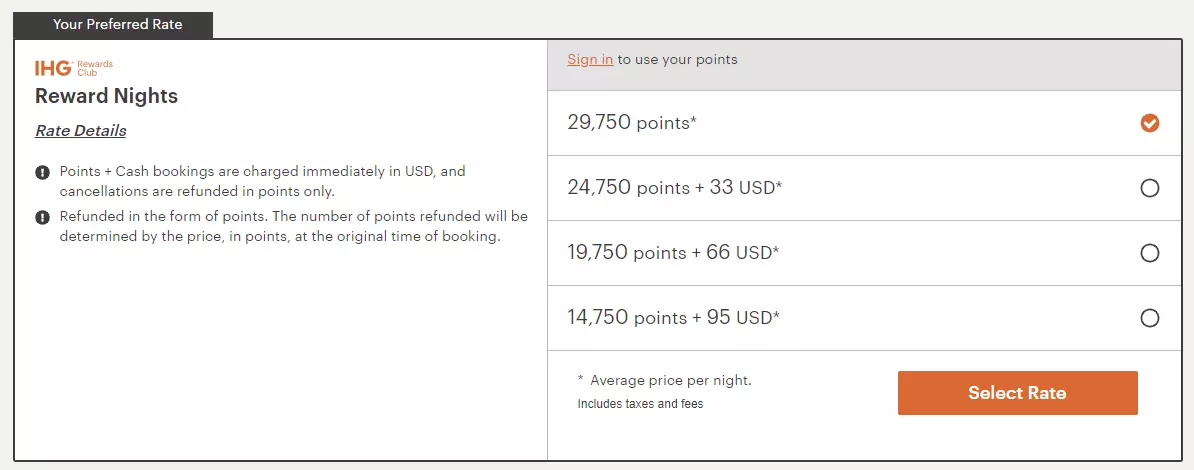 IHG points + cash pricing