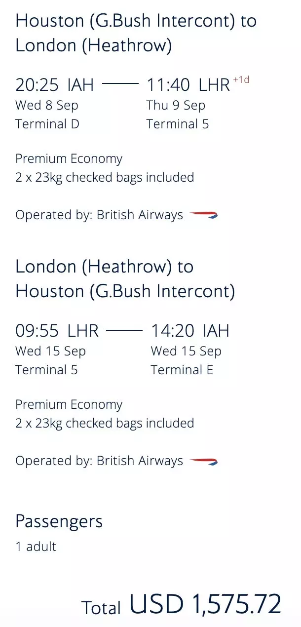 BA IAH-LHR premium economy ticket