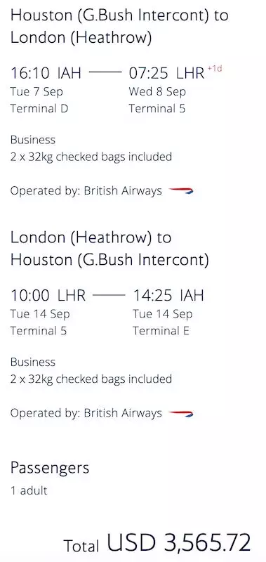 BA business fare IAH-LHR Set 2021