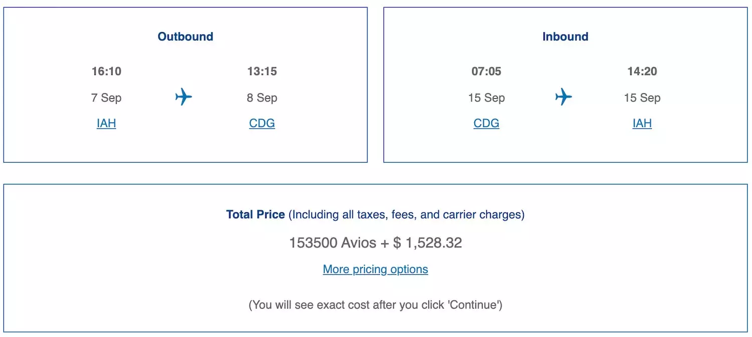 BA business class IAH-CDG award Set 2021