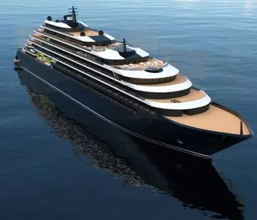 Evrima 298 penumpang akan mempunyai profil seperti kapal layar dengan marina di belakangnya. (Imej ihsan Ritz-Carlton Yacht Collection).