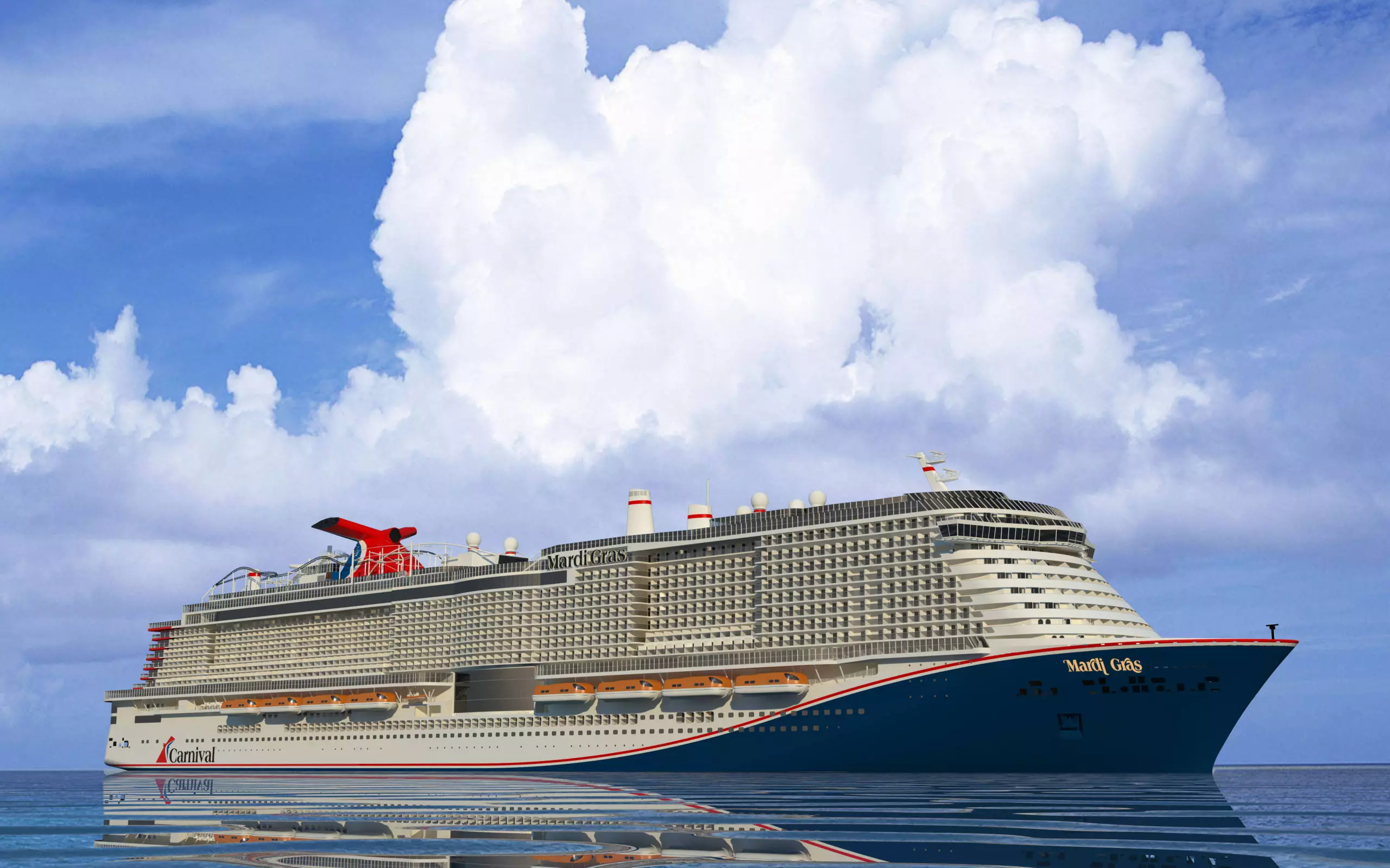 A 180,000 tòn, Mardi Gras pral youn nan 10 pi gwo bato kwazyè nan mond lan lè li kòmanse nan Novanm 2020. (Imaj koutwazi Carnival Cruise Line).