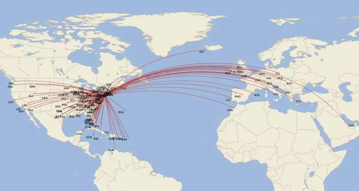 En karta över direktflyg från Philadelphia International Airport i juni. (Bild av Cirium)