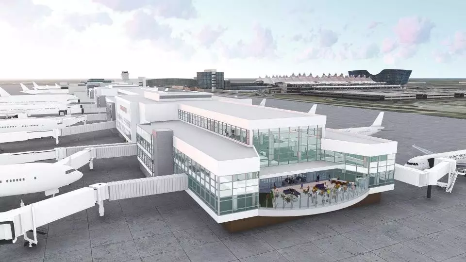 Uma renderização do pátio ao ar livre planejado no extremo oeste do Saguão A no Aeroporto de Denver. (Imagem cortesia do Aeroporto Internacional de Denver.