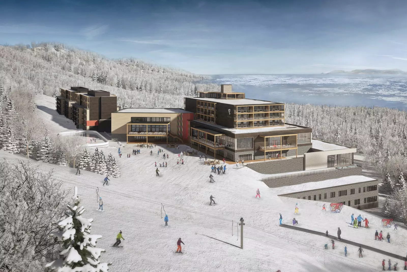 rendering ng modernong ski resort na may mga taong nag-i-ski