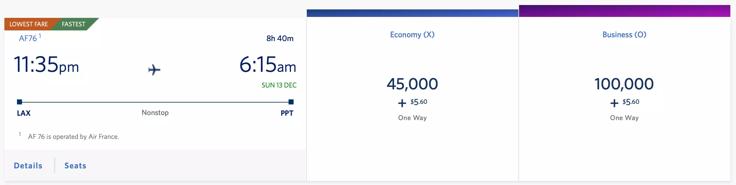 LAX ते PPT डेल्टा SkyMiles किंमत