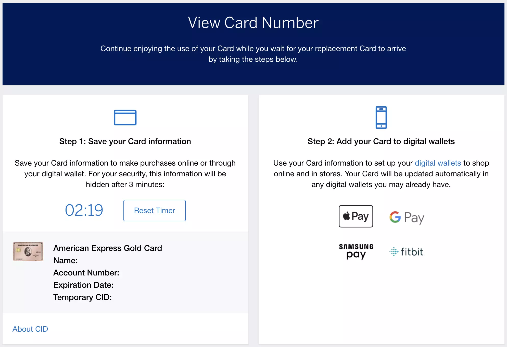 Numéro de carte instantanée Amex