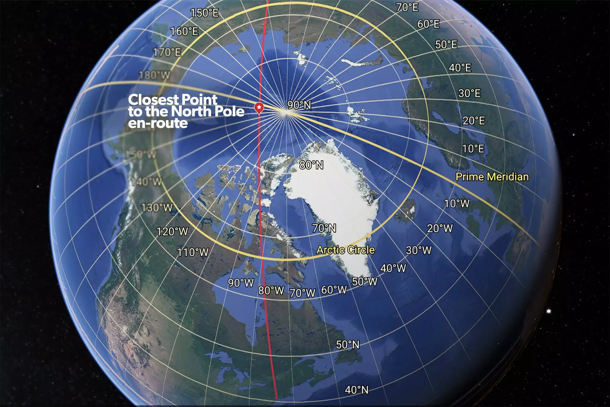 It trajekt fan 'e flecht, lykas sjoen op Google Earth. Ofbylding fia Google Earth, oanpast troch de skriuwer.