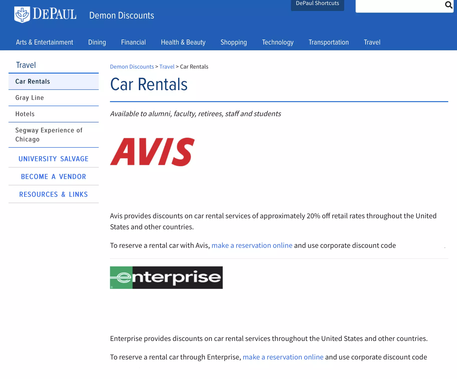 Página de descuento de coches de alquiler de DePaul University