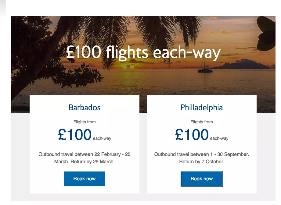 Akt séier: BA bitt 100 Sëtzer fir $ 128 One-Way vu London op Barbados a Philadelphia 1802_1