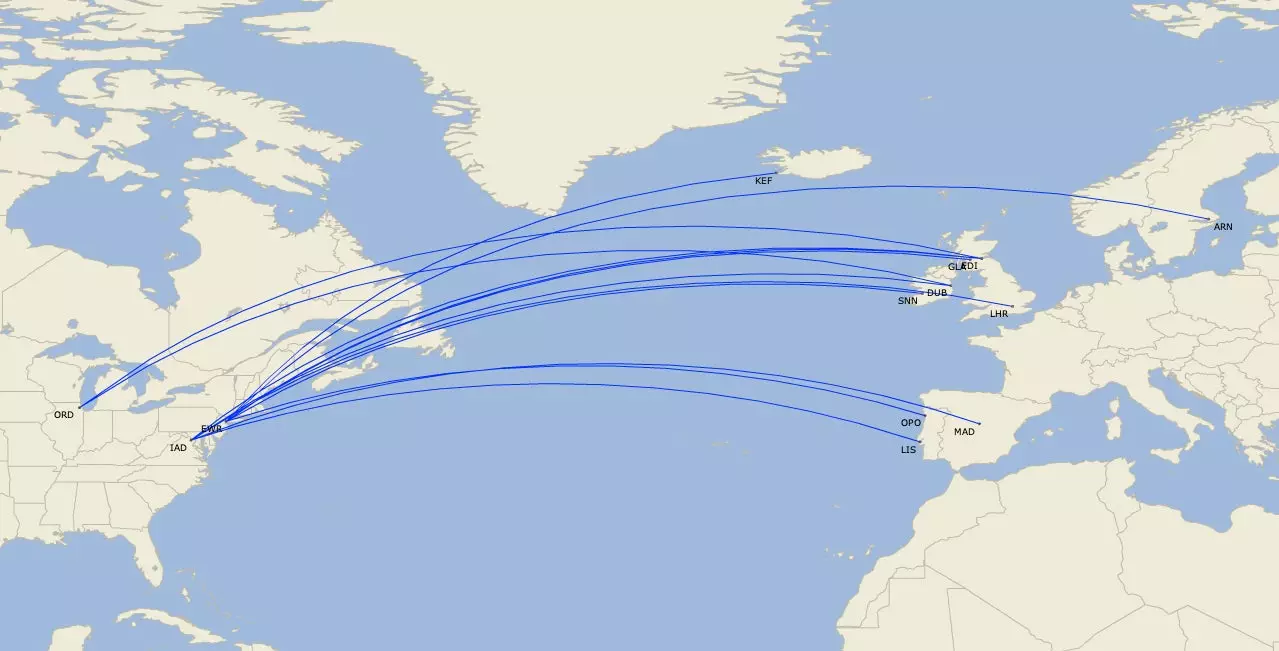 United Airlines plande transatlantyske Boeing 757-rûtes yn juny 2020. (Ofbylding fan Cirium)