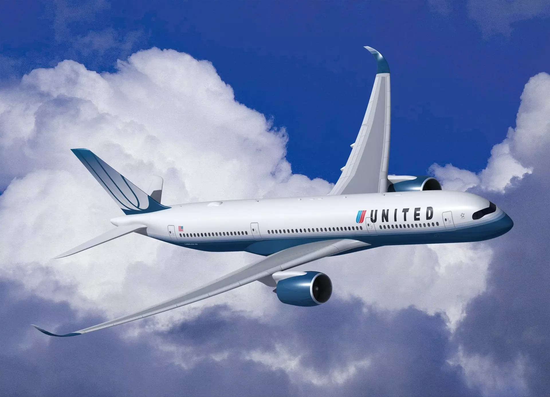 In betide rendering fan in United Airlines A350-900 yn 2009. (Ofbylding mei dank oan Airbus)