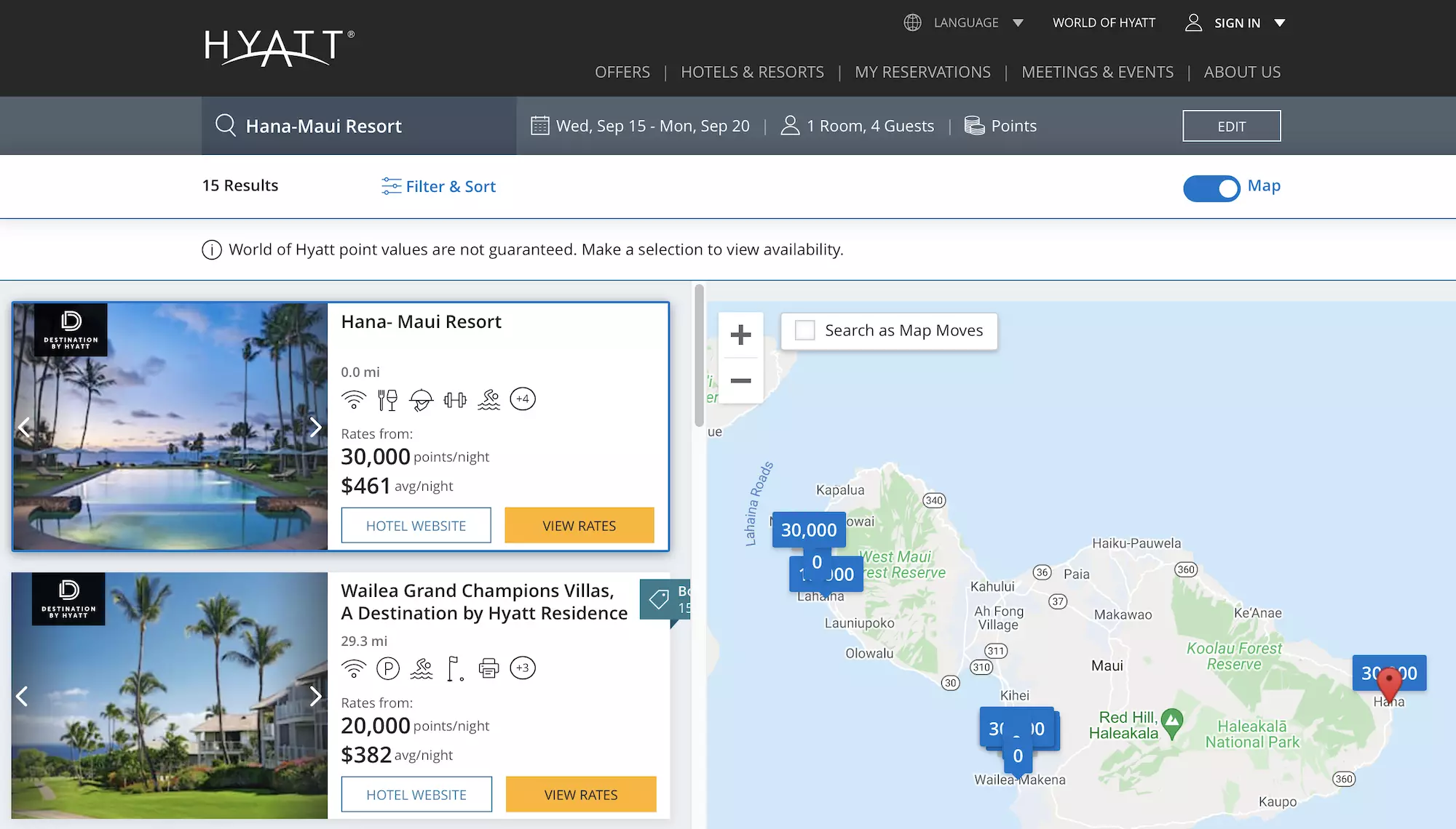 Asil panelusuran hotel ing situs web Hyatt