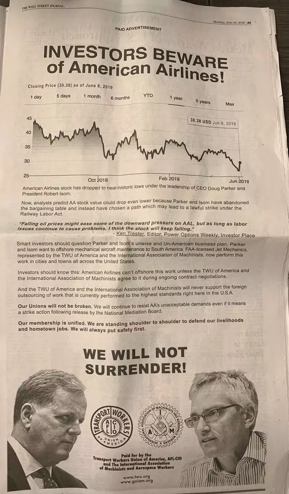 Mabungwe omwe akuyimira makaniko a American Airlines adatumiza zotsatsazi mu The Wall Street Journal Lolemba, Juni 10, 2019.