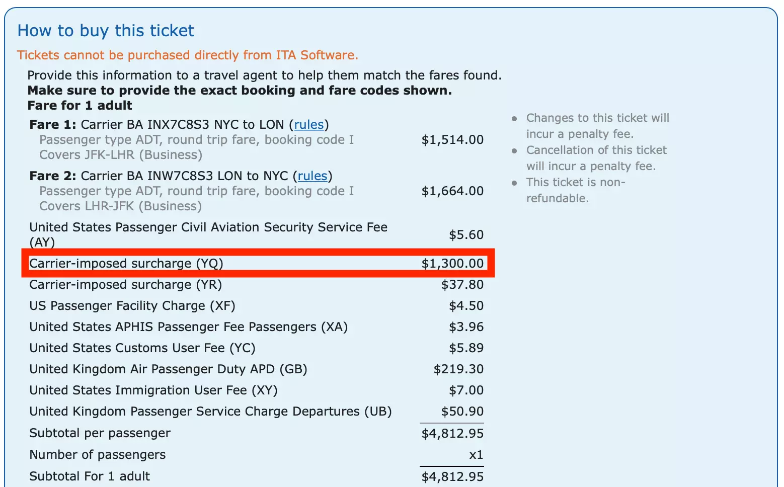 Biaya Bahan Bakar di ITA Matrix untuk Screen Shot Tiket British Airways