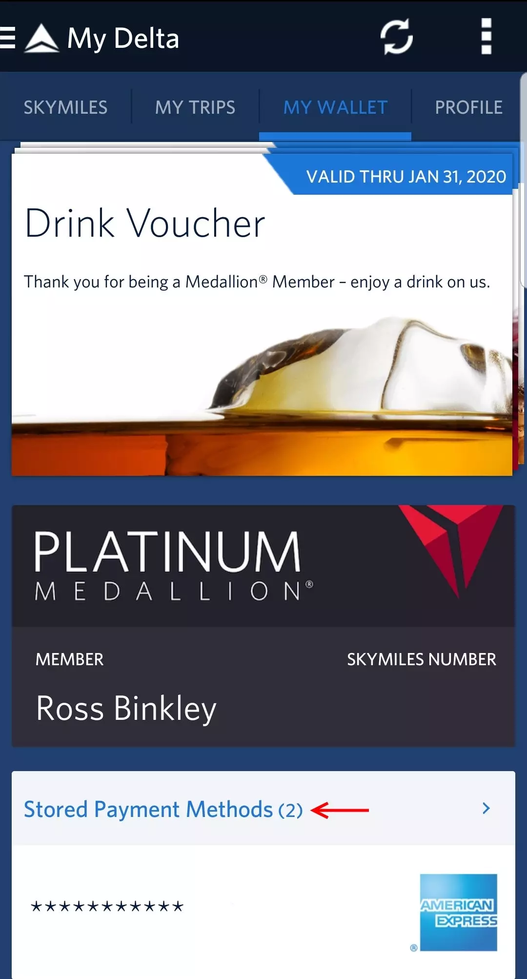 Gespäichert Bezuelmethoden op der Fly Delta App.