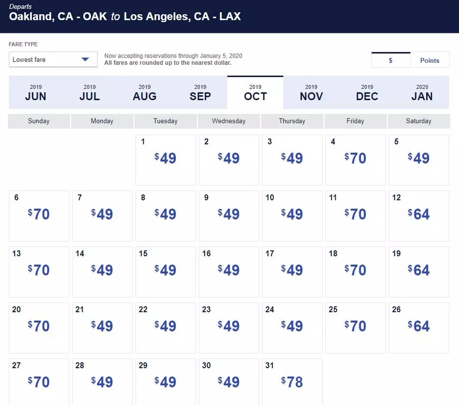 Tämä tiistaiaamuinen kuvakaappaus Southwestin halpalentokalenterista osoitti alennushinnat Oaklandin ja Los Angelesin välillä.