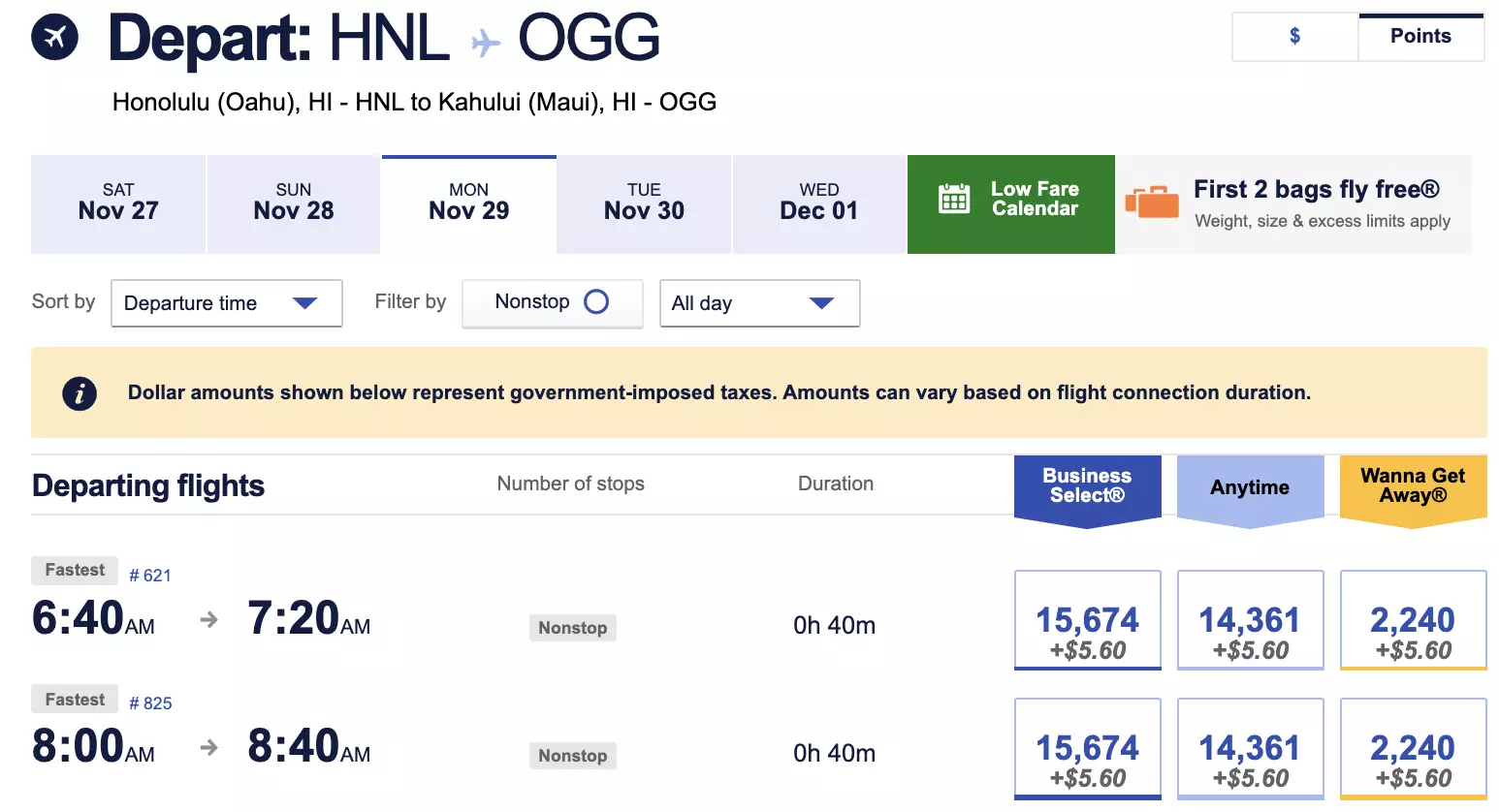 HNL-OGG ballary