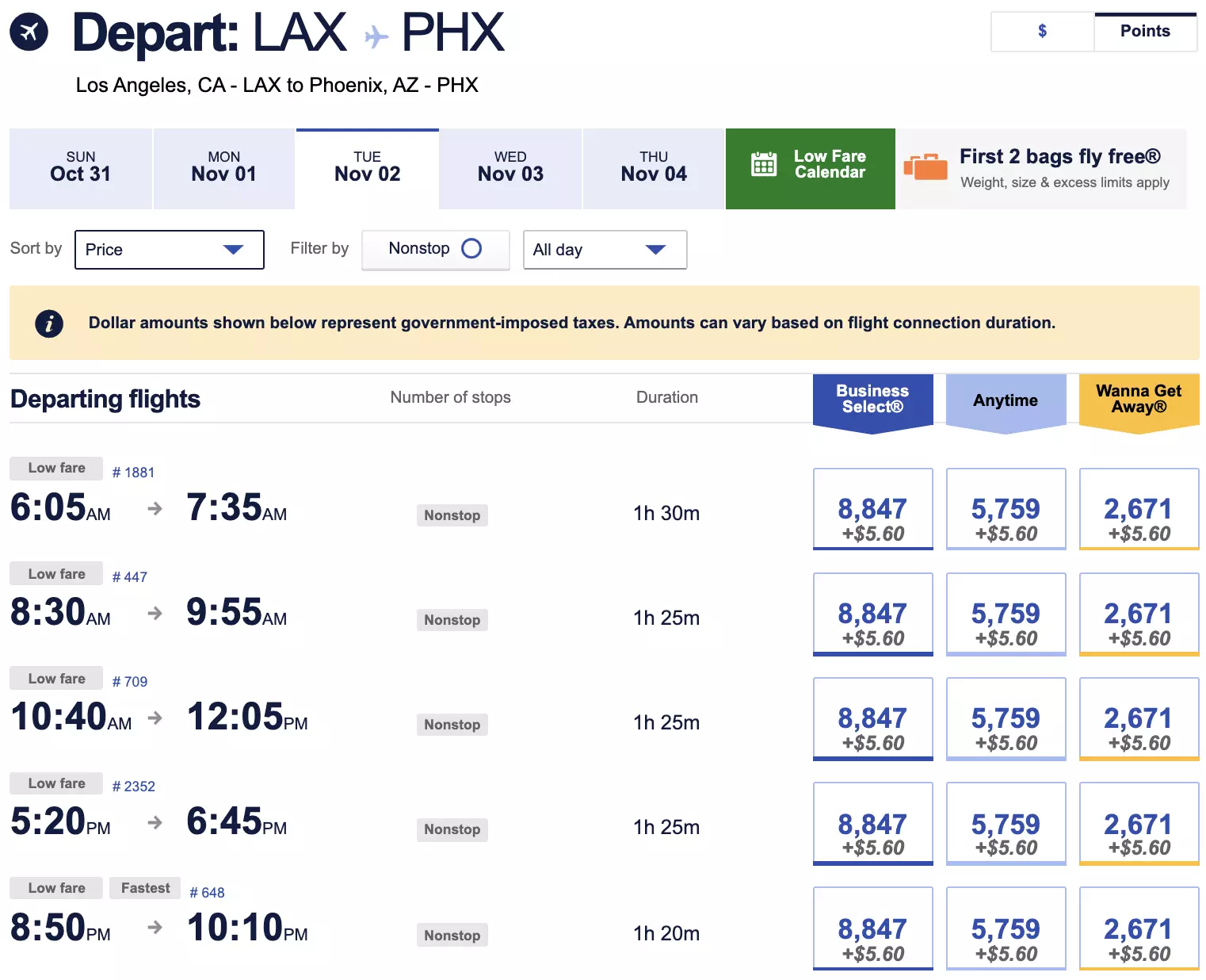 LAX-PHX puntos