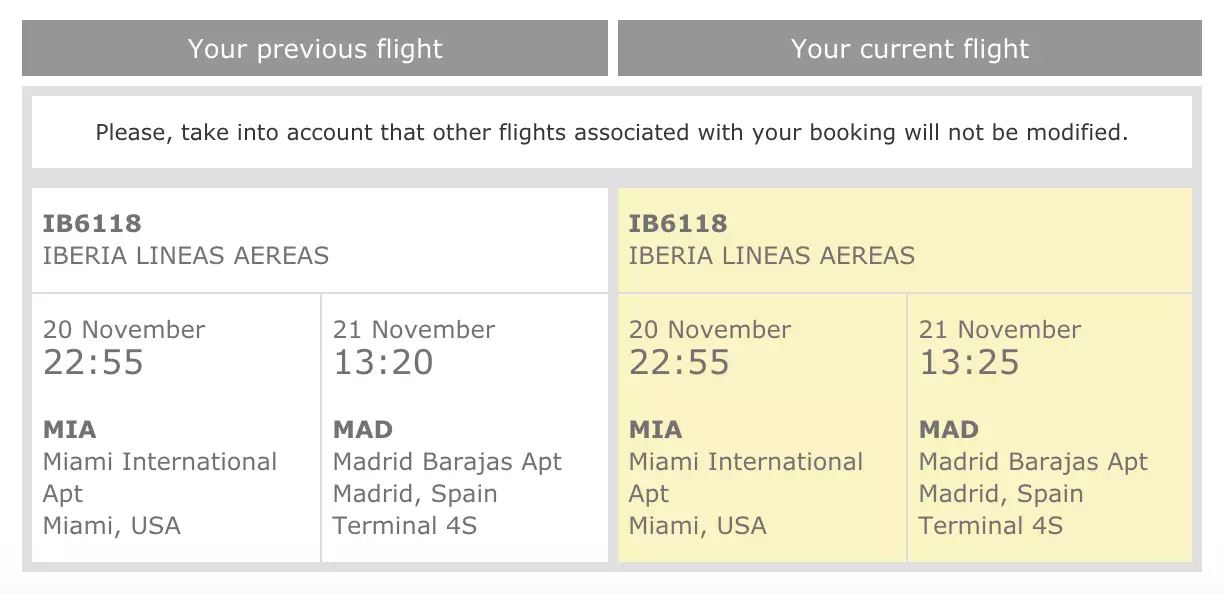 Un e-mail de changement d'horaire d'Iberia Airlines