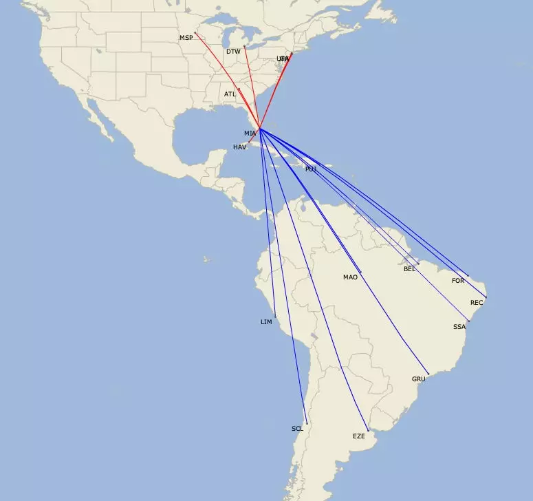 Itinéraires Delta (rouge) et LATAM (bleu) depuis l'aéroport international de Miami en octobre. (Image de Diio par Cirium)