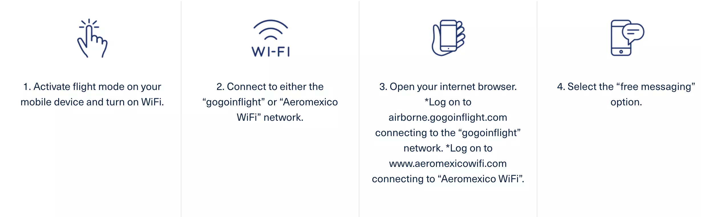 Instruksjoner for hvordan du aktiverer Aeromexicos gratis meldinger ombord. (Bilde via Aeromexico)