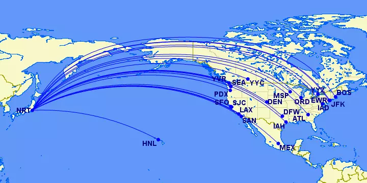 Ononderbroke vanaf Narita (NRT) na Noord-Amerikaanse stede.