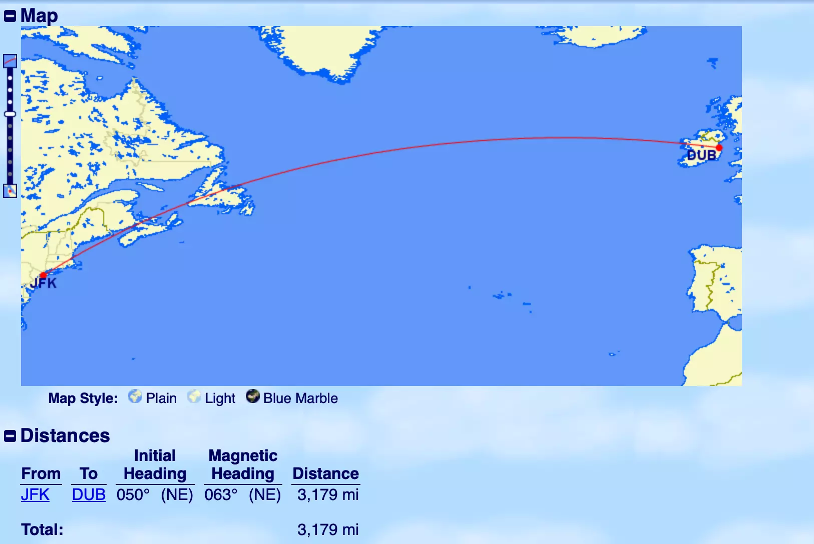 Captură de ecran JFK DUB Great Circle Mapper