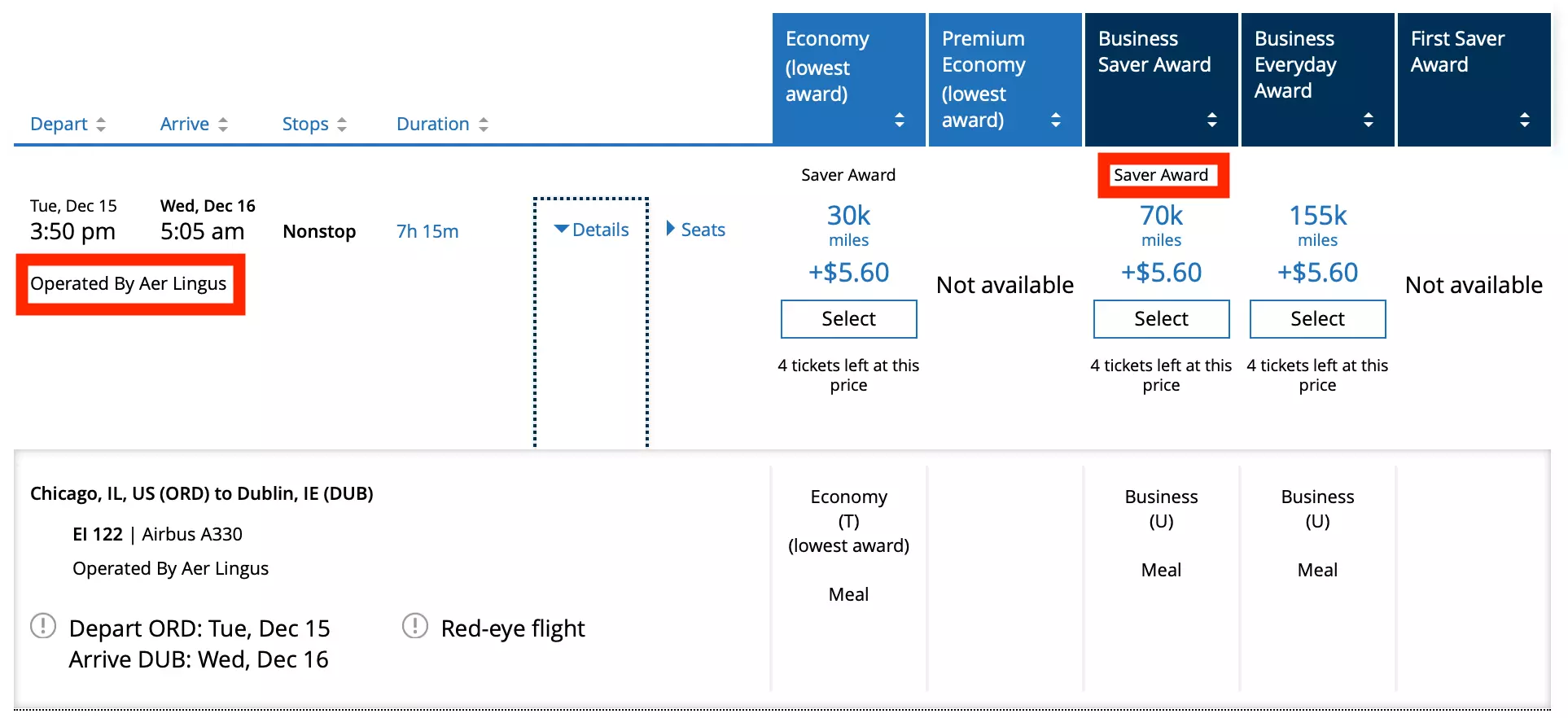 Réservation Aer Lingus avec United MileagePlus