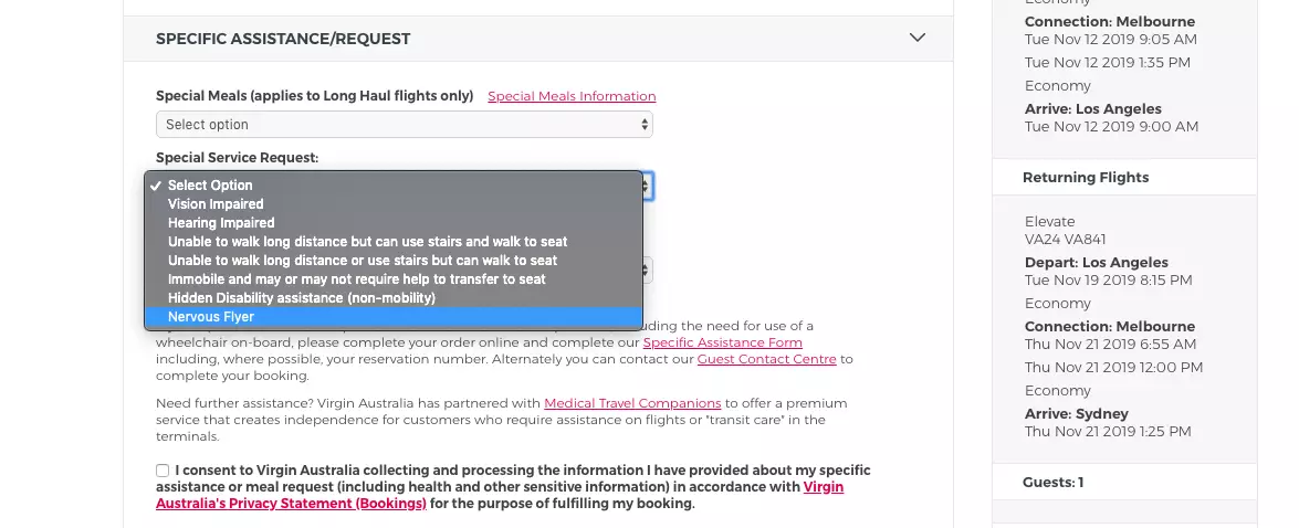 Vzorčna rezervacija, ki prikazuje možnost zahtevanja posebnih storitev in pomoči, vključno z vpisom v program Virgin Australia's Nervous flyers.