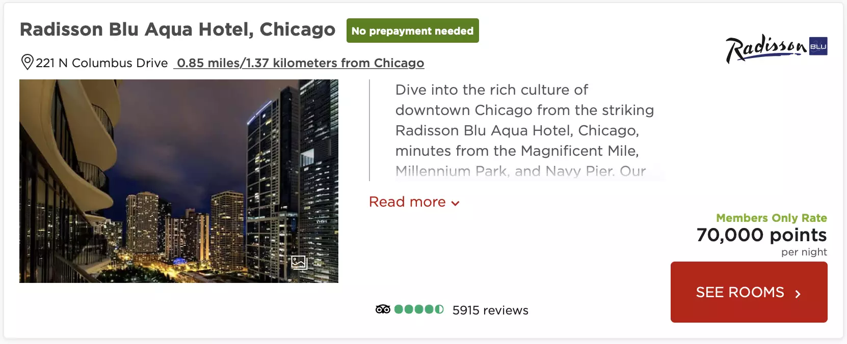 Radisson Blu Aqua Hotel Chicago Points Price