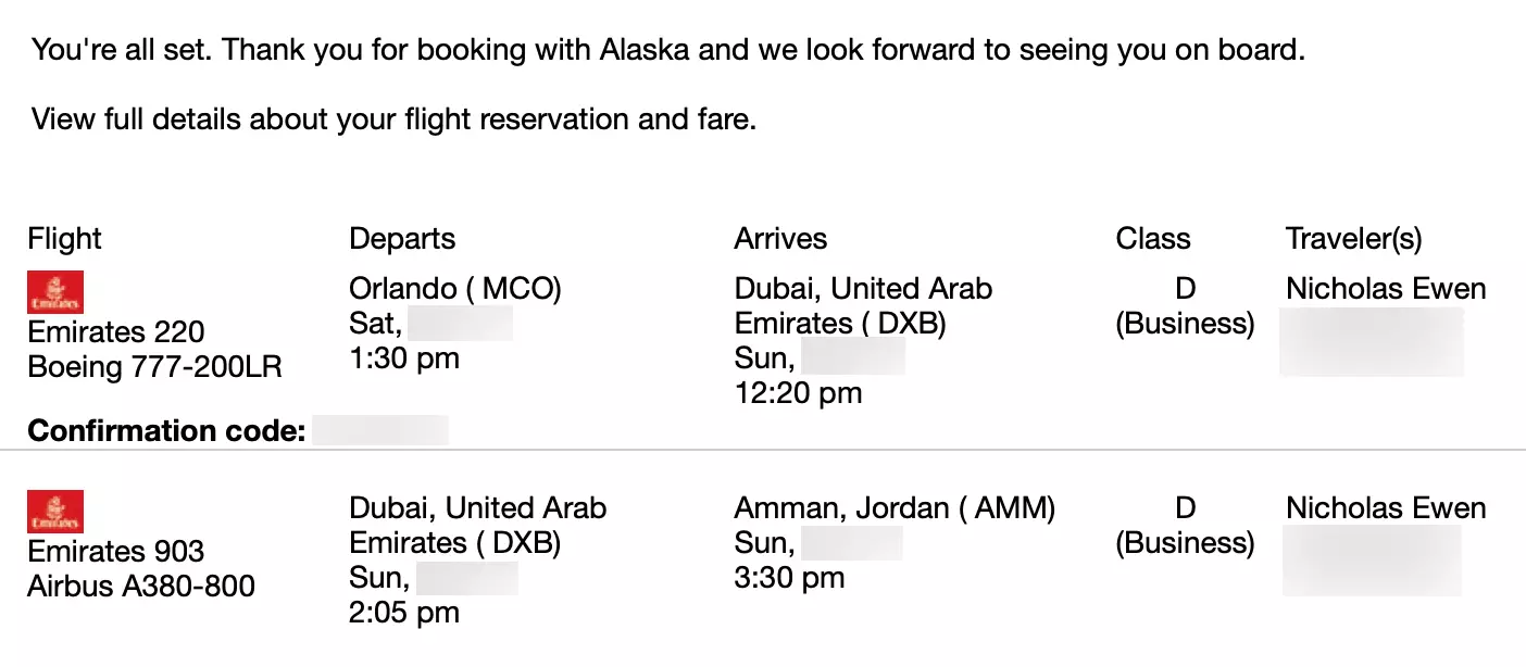 使用阿拉斯加航空里程預訂的已確認阿聯酋航空航班的屏幕截圖