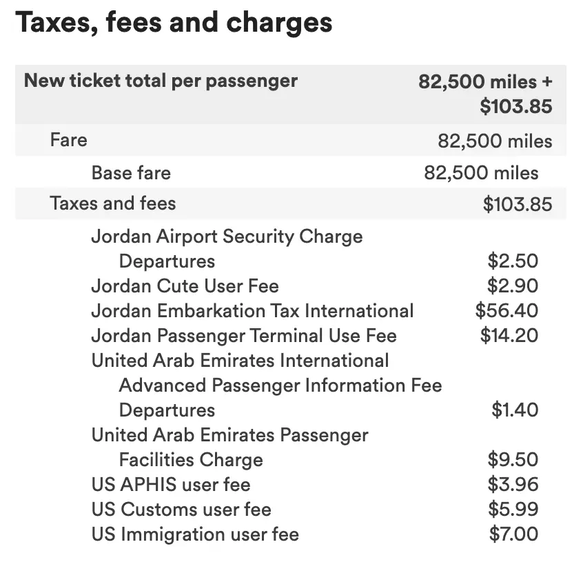 Die belasting en fooie vir 'n eenrigting-toekenningsvlug op Emirates vanaf Amman, Jordanië na die VSA