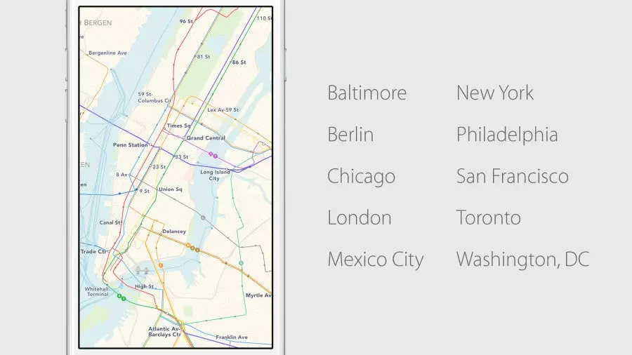 Apple's Transit in Maps diluncurake ing kutha-kutha kasebut lan atusan liyane ing saindenging jagad.