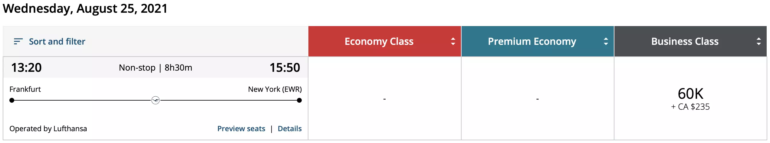 FRA zuwa EWR Air Canada tikitin lambar yabo ta hanya ɗaya akan Lufthansa