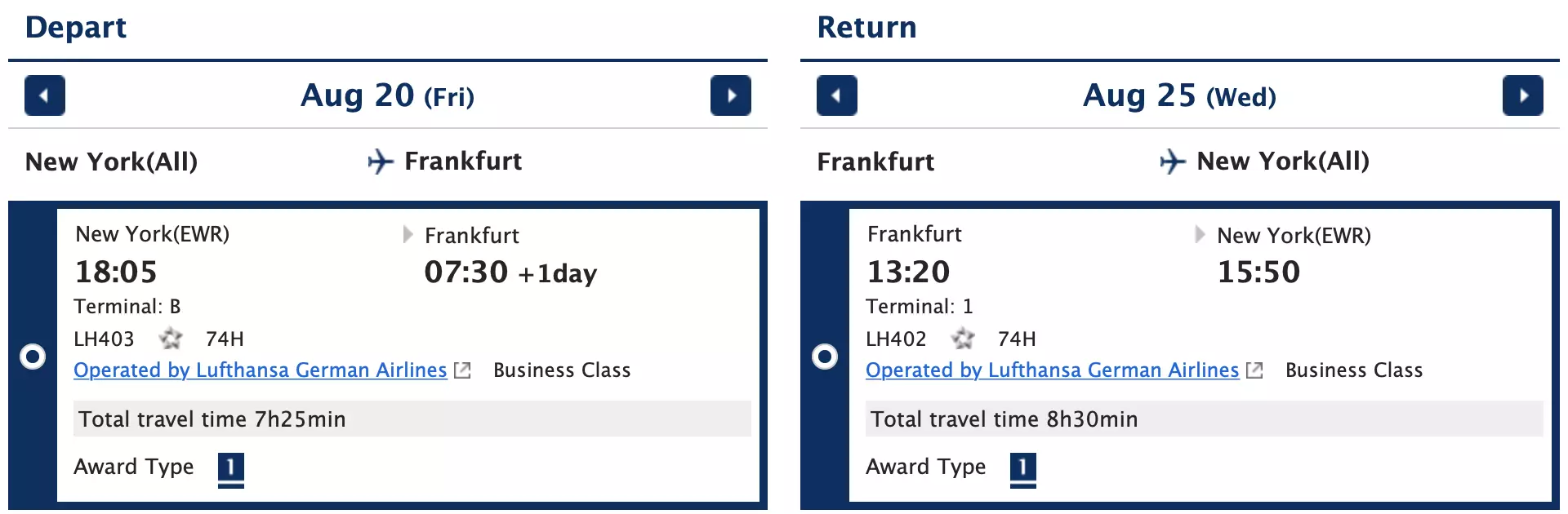 EWR til FRA ANA verðlaunamiði fram og til baka á Lufthansa