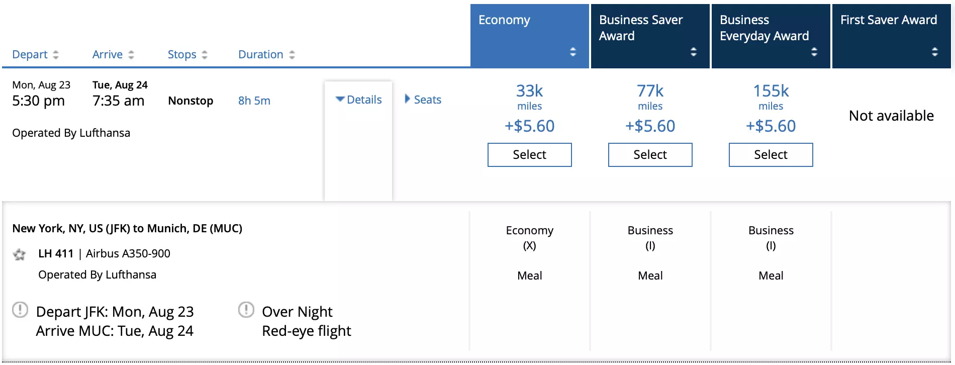 JFK to MUC United ჯილდოს ბილეთი Lufthansa-ზე